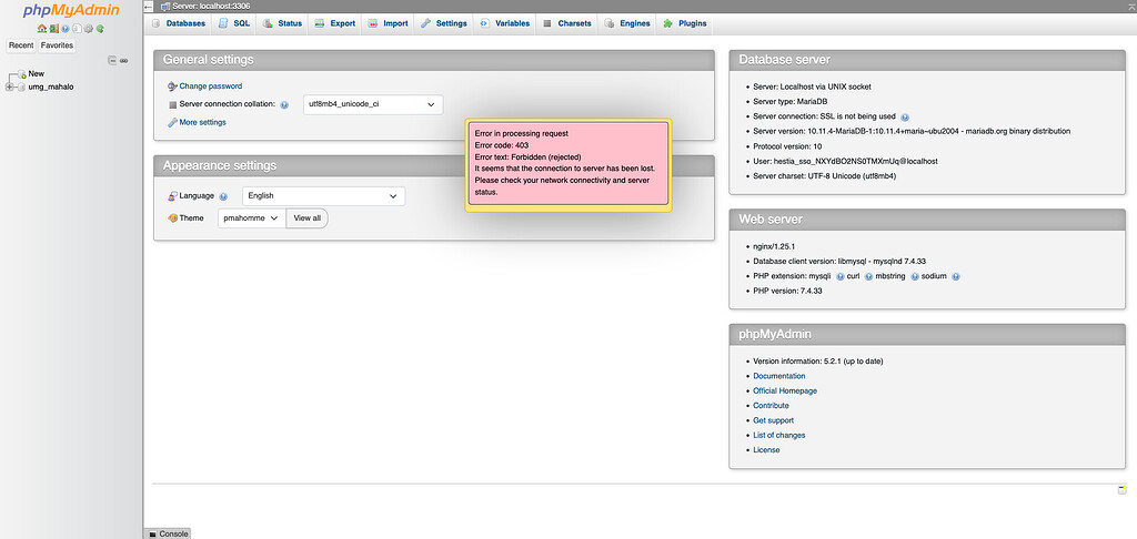 Phpmyadmin 403 Error Database Hestia Control Panel Discourse