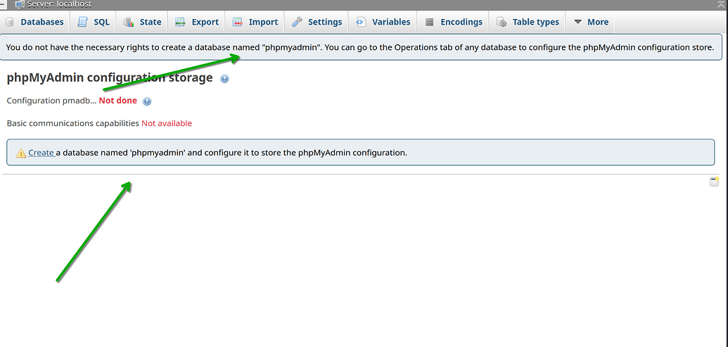 The phpMyAdmin configuration store is not fully configured and some advanced features have been ...
