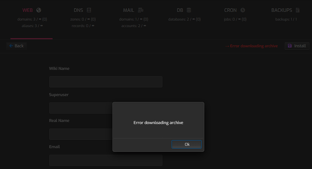 Error Downloading Archive While Installing Docuwiki Hestia Control Panel Discourse